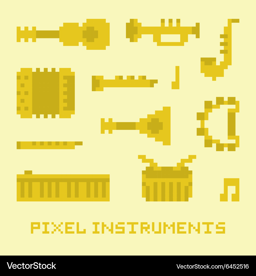 Pixel art music instruments isolated Royalty Free Vector