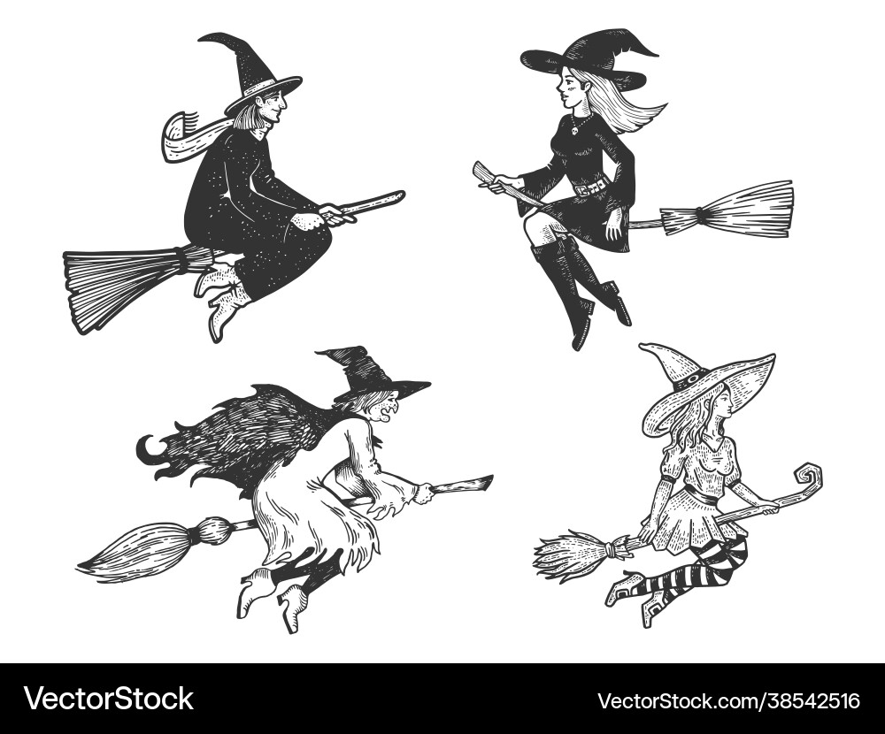 Hexe auf Besen Set Linie Kunstskizze Lizenzfreier Vektor