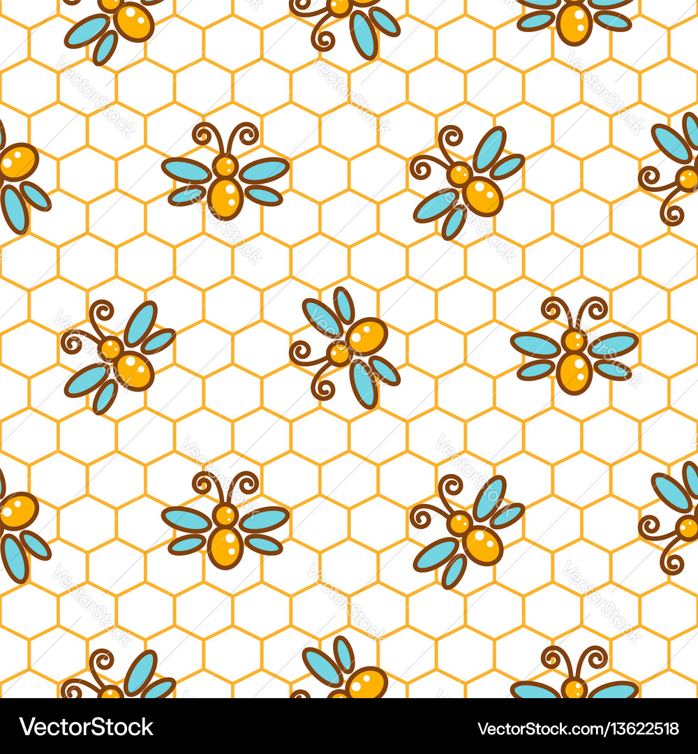 Honeycomb pattern and bees line background Vector Image