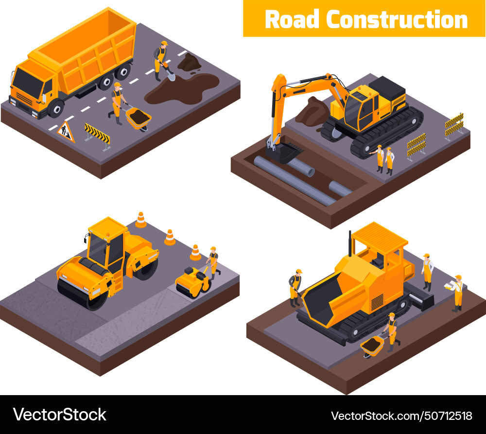 Road construction isometric icon set Royalty Free Vector