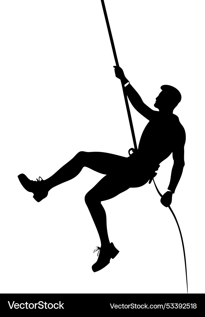 Silhouette of a rock climber rappelling down Vector Image