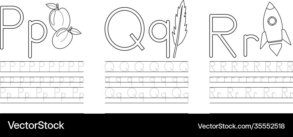 Writing practice letters pqr coloring book Vector Image
