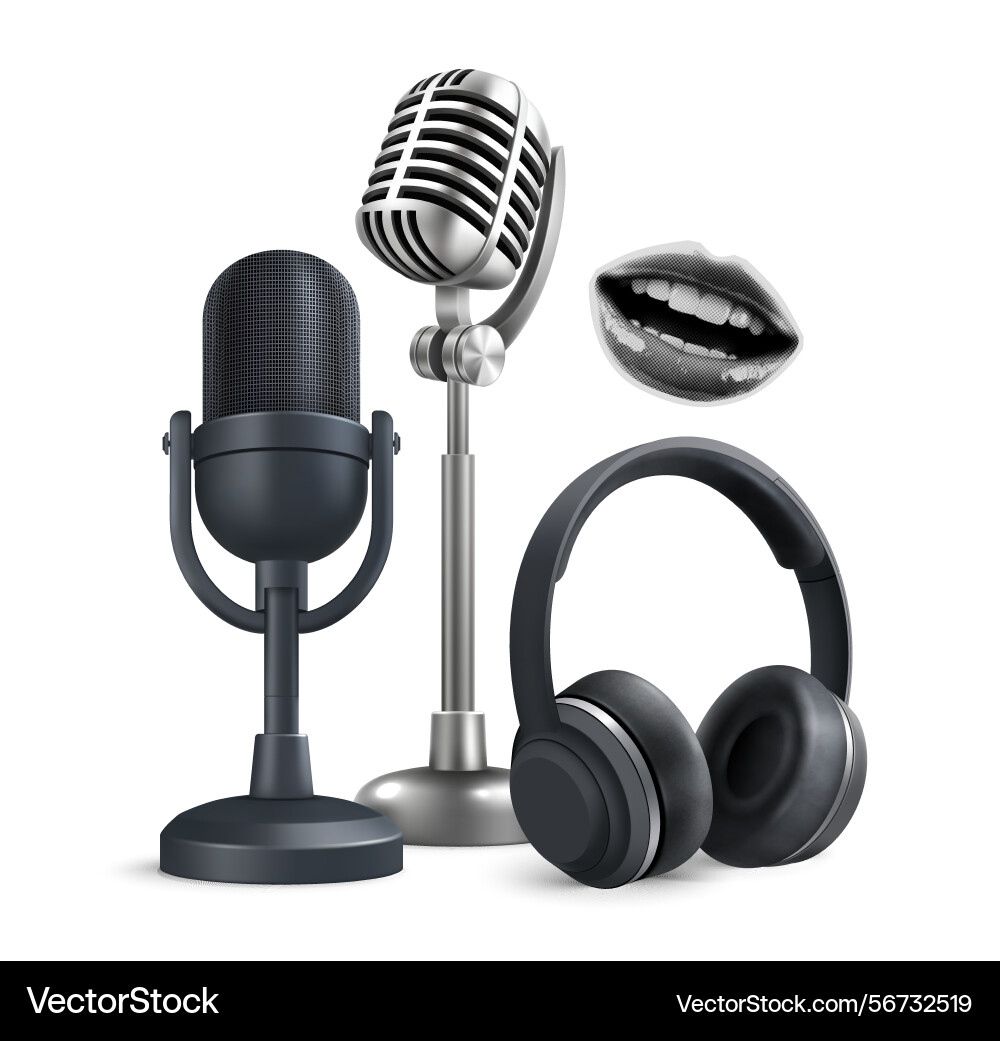 Realistic podcast production element collage Vector Image