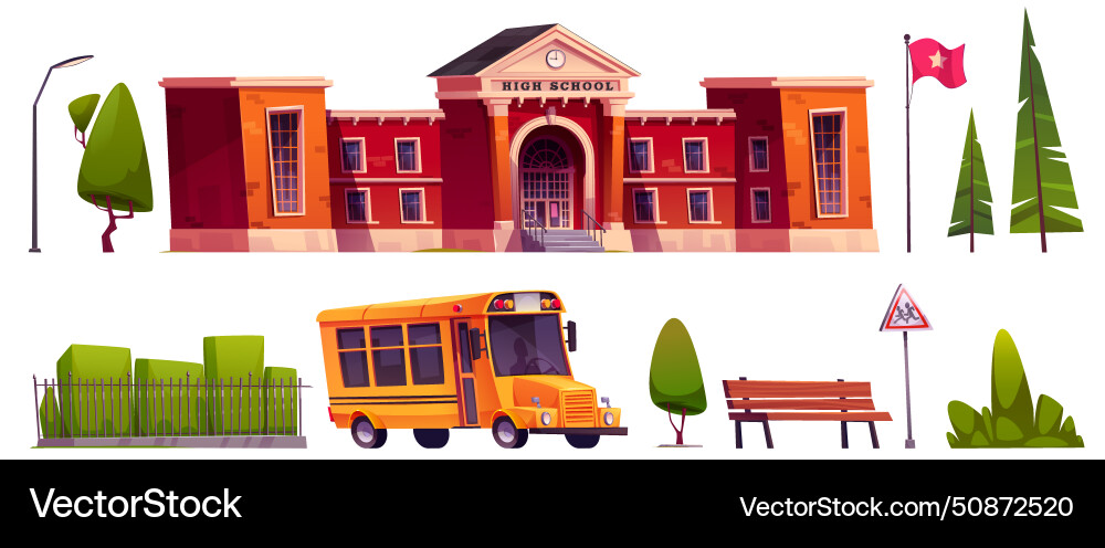 High school exterior cartoon elements set Vector Image