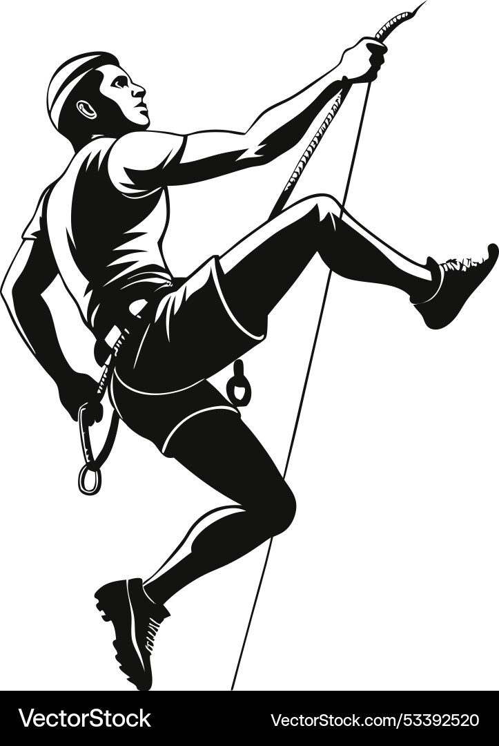 Silhouette of a rock climber rappelling down Vector Image