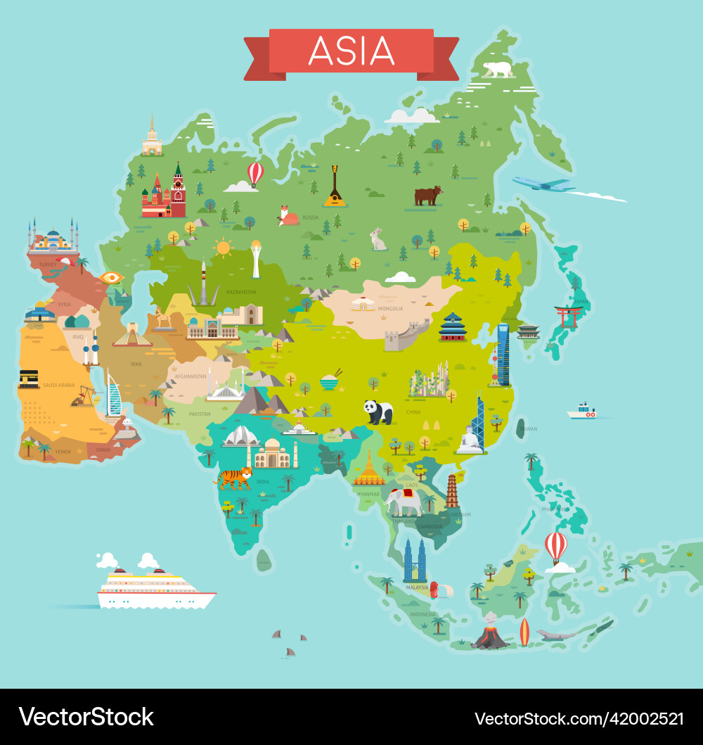 Asia map with country names Royalty Free Vector Image