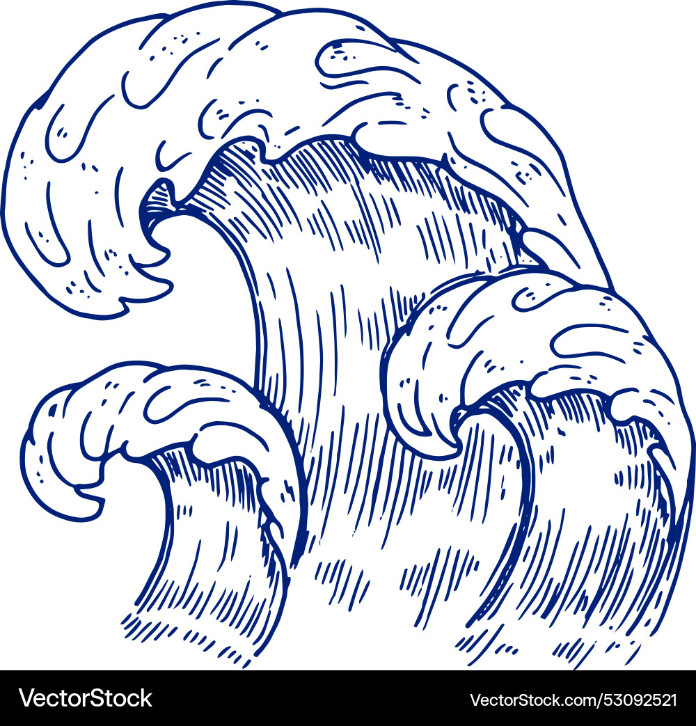 Ocean wave ink drawing blue storm element Vector Image