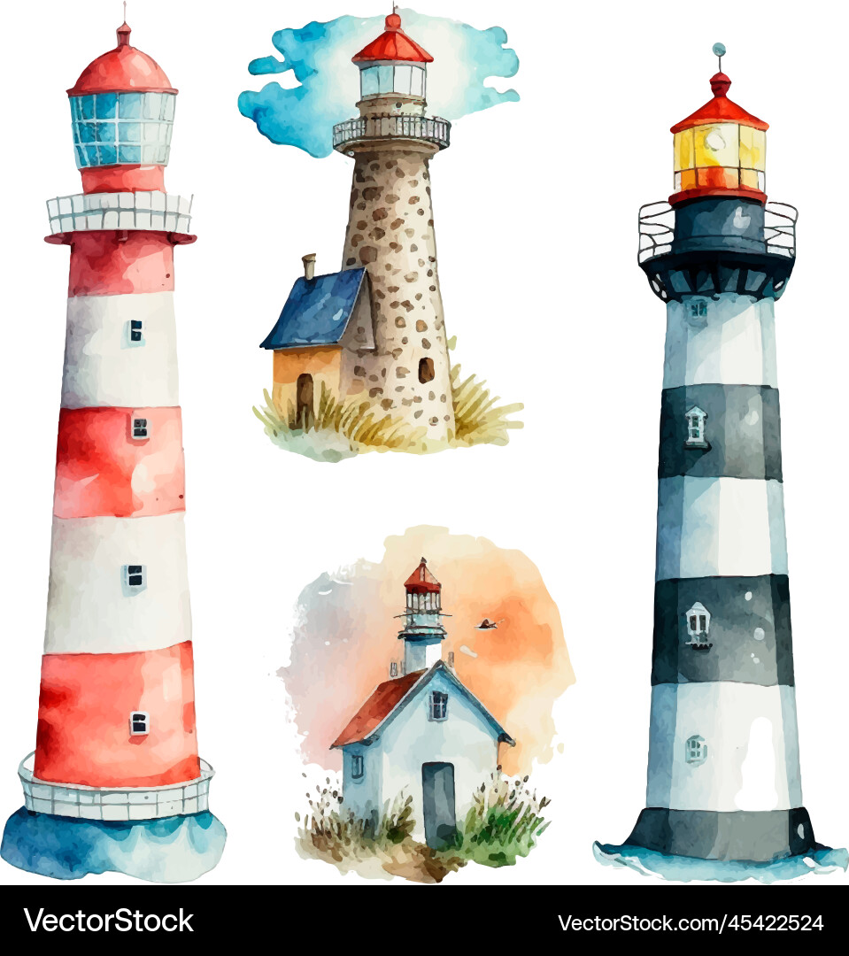 Watercolor set lighthouse isolated Royalty Free Vector Image