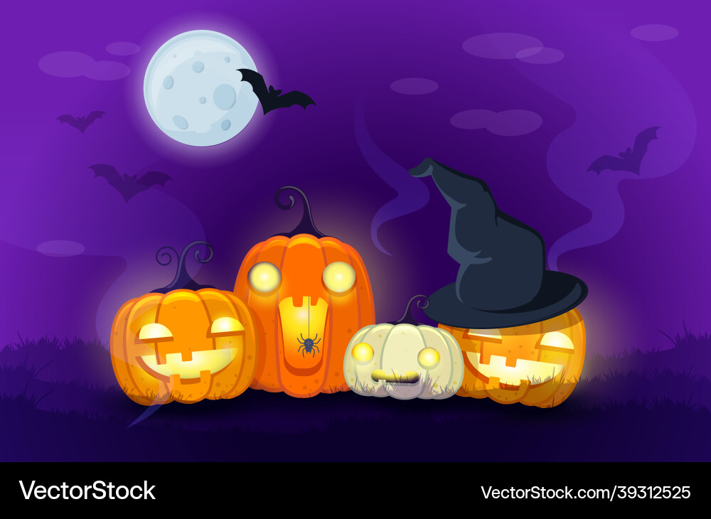 Halloween pumpkins on night background with bats Vector Image