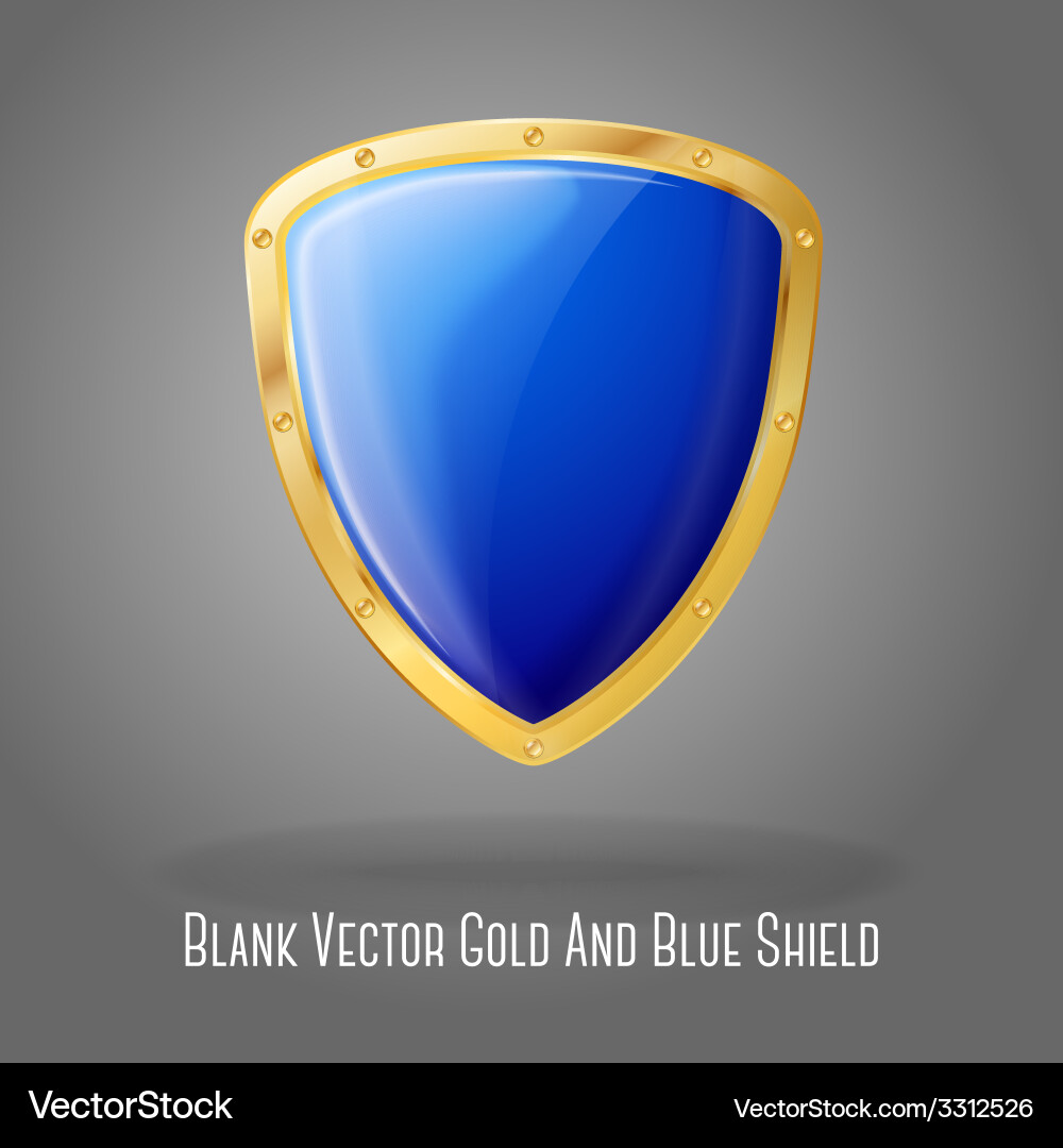 Blank blue realistic glossy shield with golden Vector Image