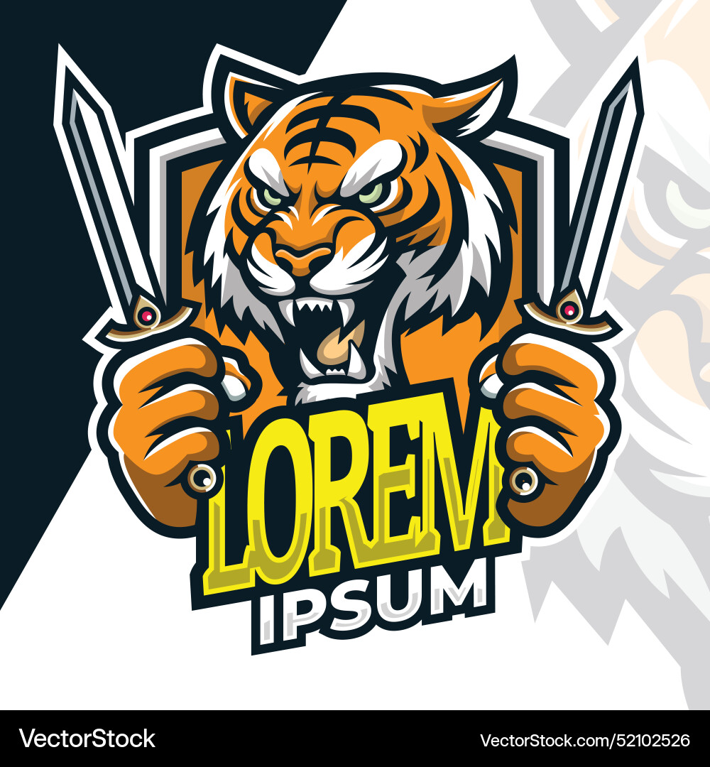 Tiger head logo mascot angry use sword Royalty Free Vector