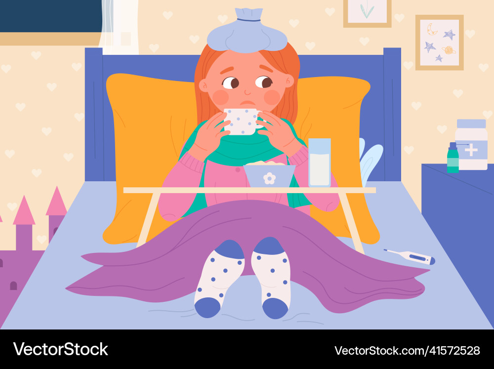 Sick child lying in bed with compress on head Vector Image