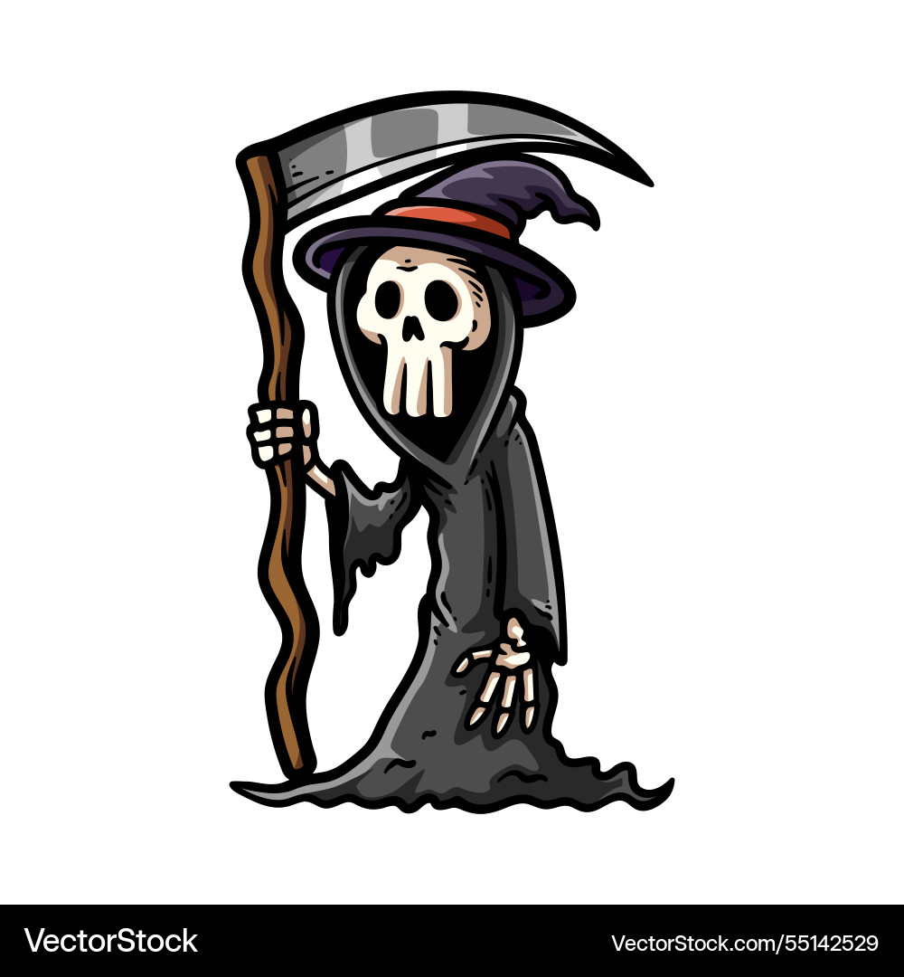 Fun grim reaper with sickle scythe cartoon colored