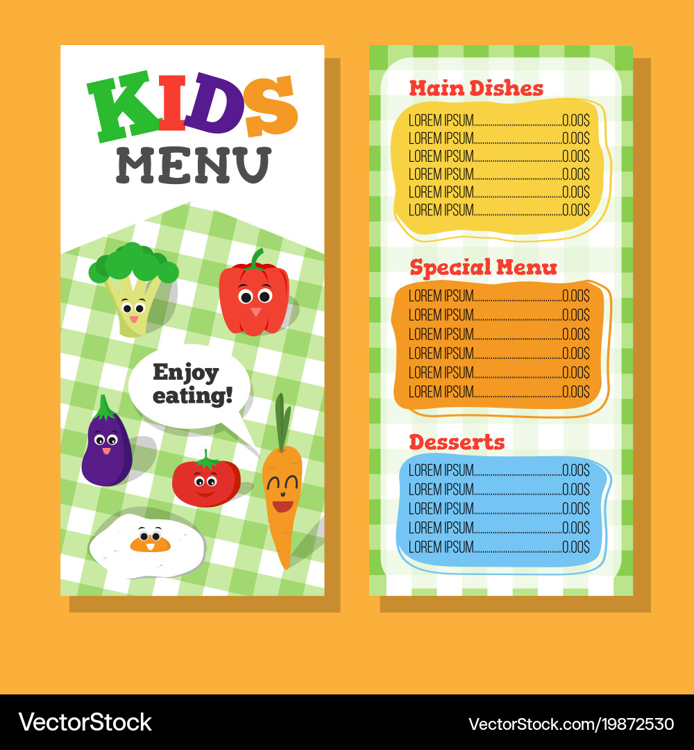 2 pages kids menu design with vegetable Royalty Free Vector