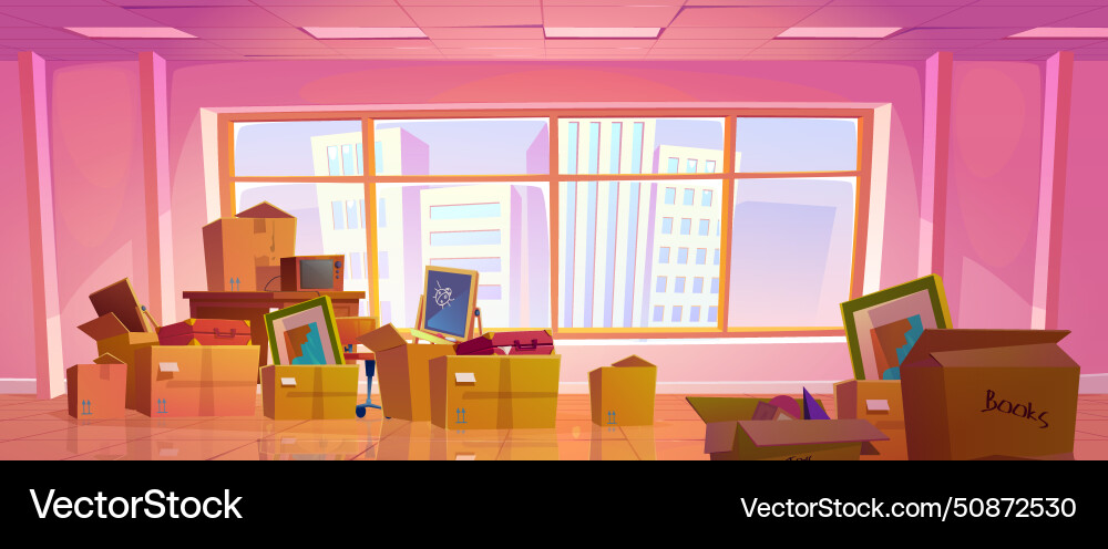 Cardboard boxes with stuff in empty room Vector Image