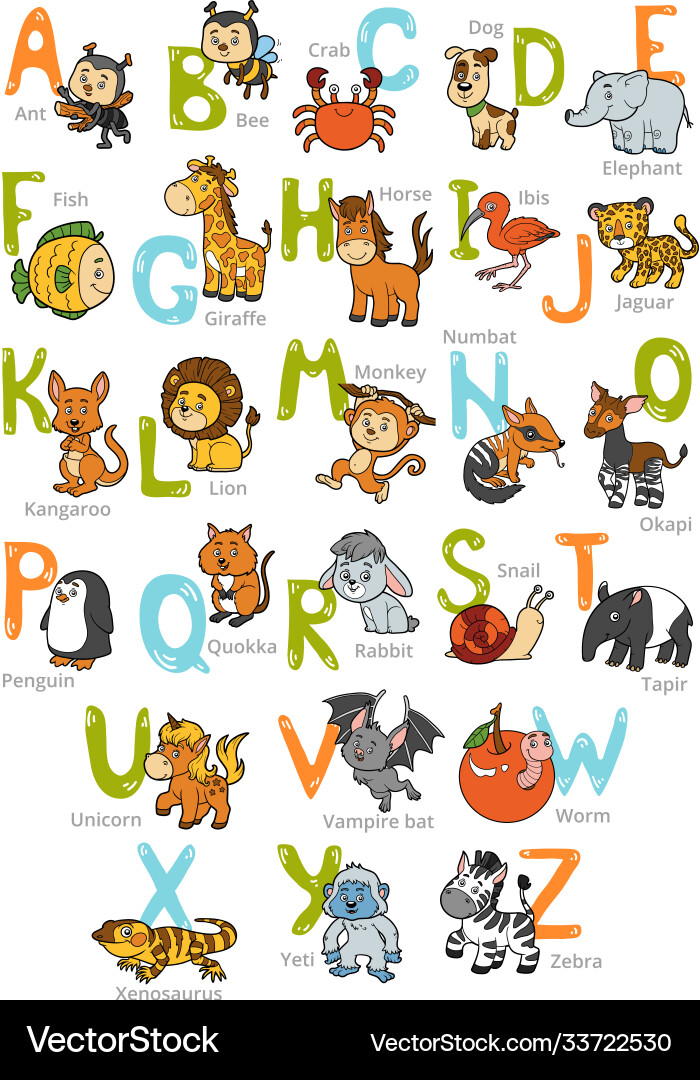 Color zoo alphabet with cute animals Royalty Free Vector