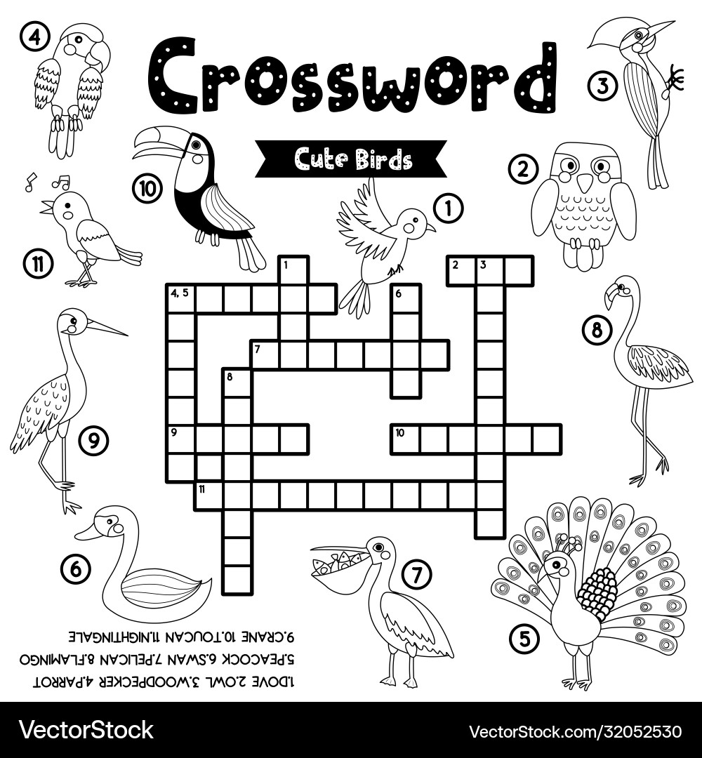 Crossword puzzle bird animals coloring version Vector Image