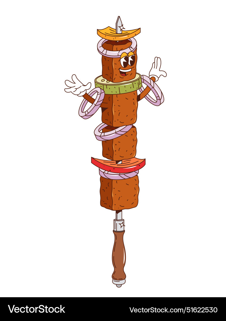 Kebab retro groovy barbecue grill character Vector Image