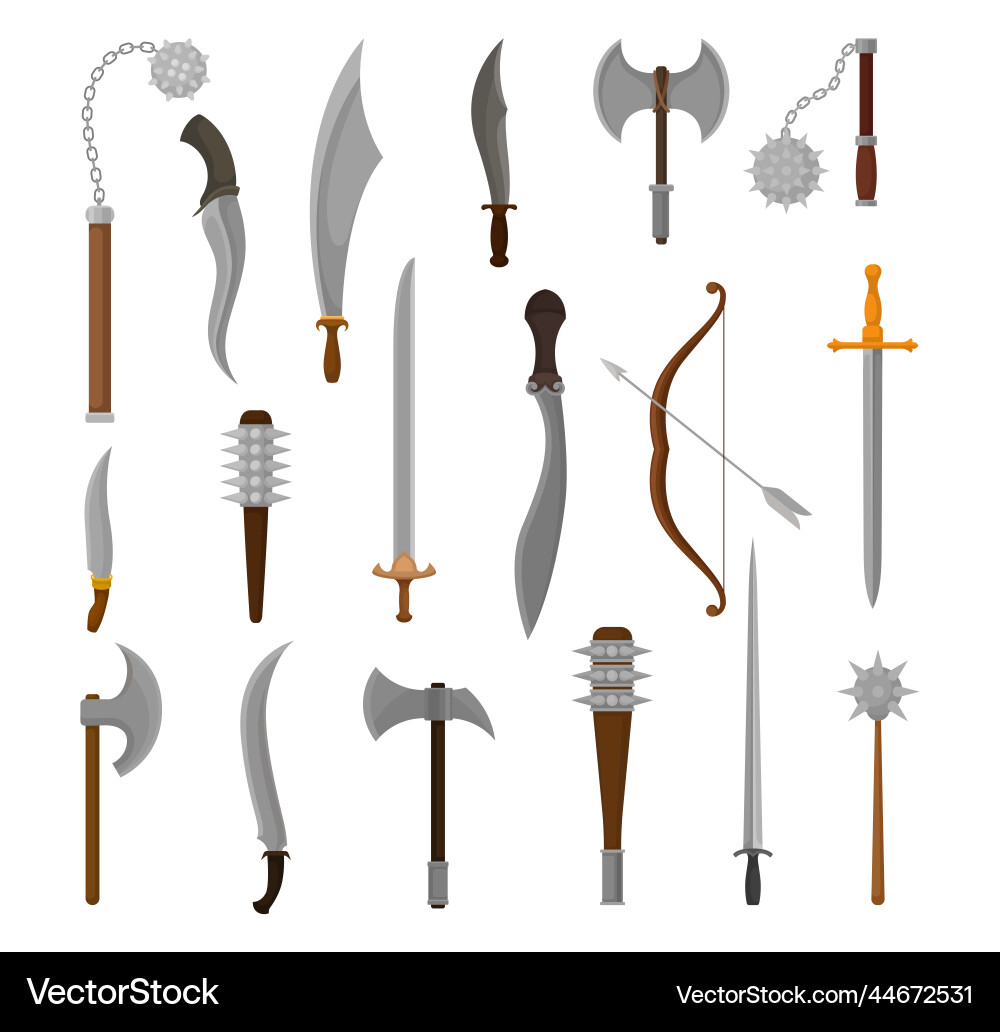 Ancient weapon set axe spear dagger bow Royalty Free Vector
