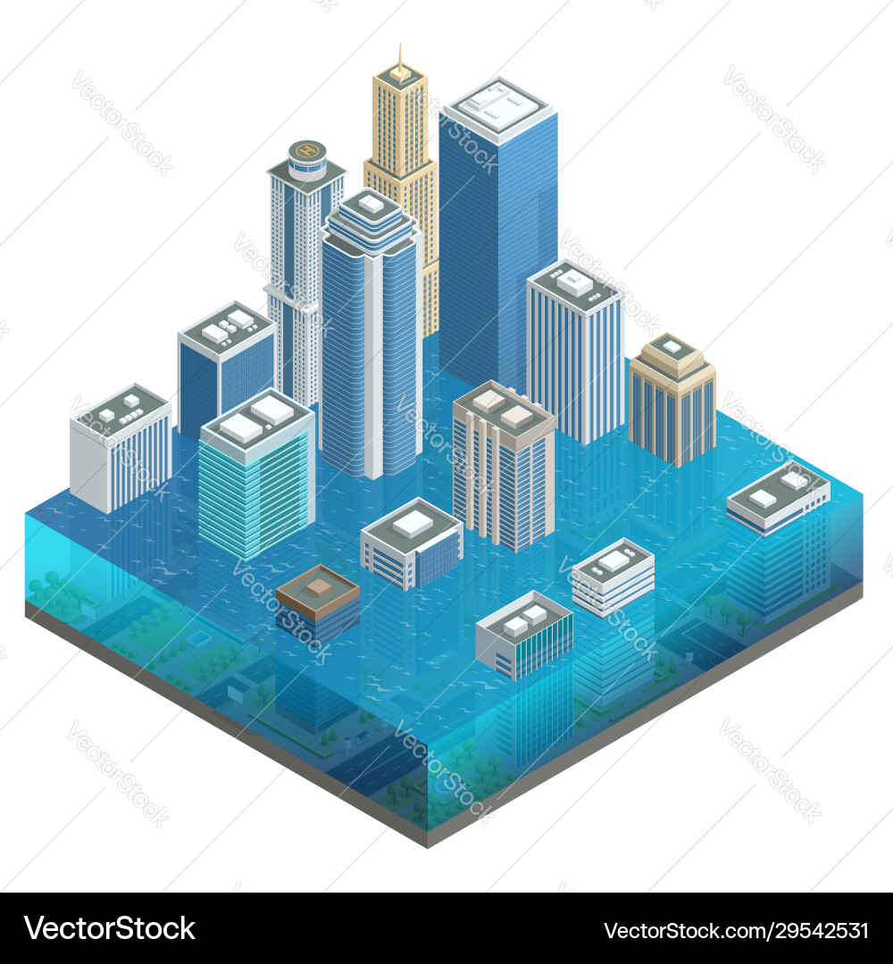 Isometric flooded city flood global warming Vector Image