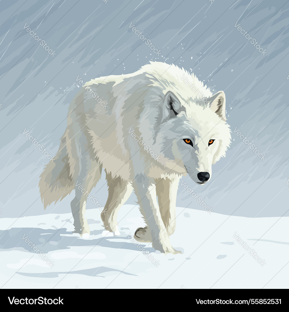 Walking wolf in snowy landscape under falling snow
