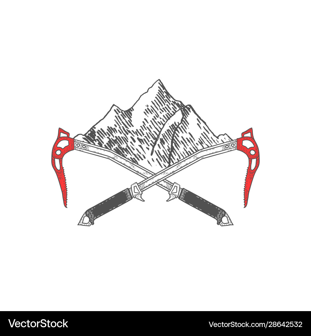 Hand drawn crossed ice axes with mountains logo Vector Image