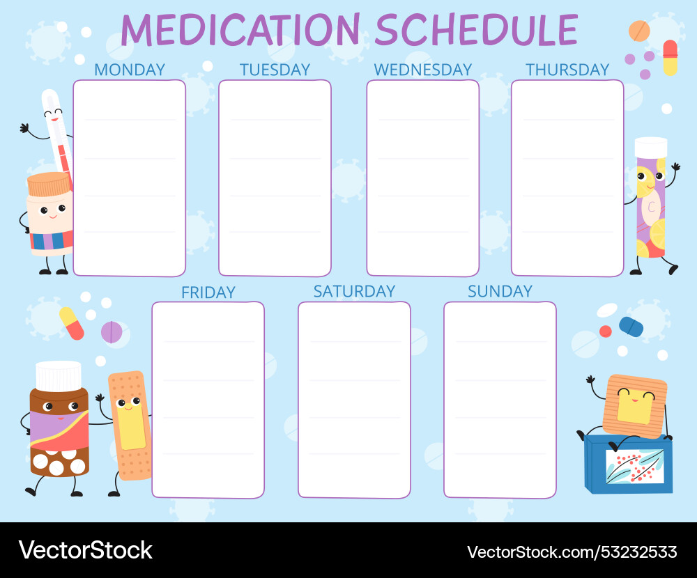 Medication schedule planner cute pills and drugs Vector Image