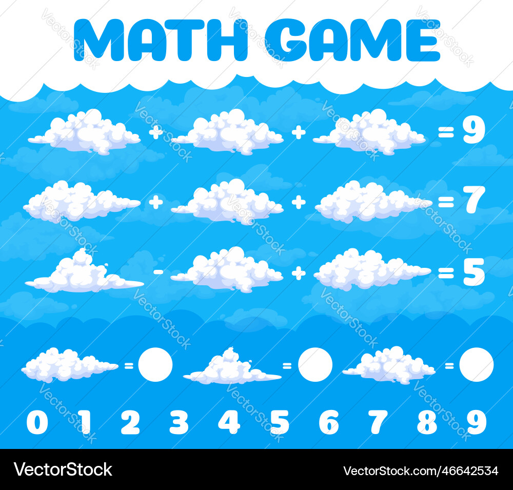 Cartoon white clouds in blue sky math game page Vector Image