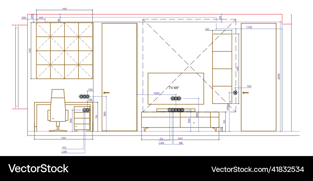 Interior room project in technical drawing section