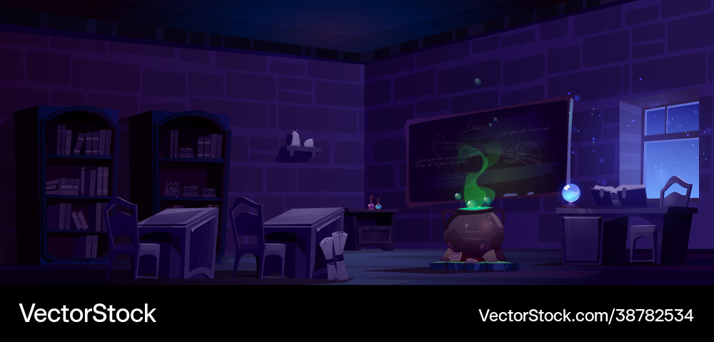 Magic school classroom with cauldron at night Vector Image
