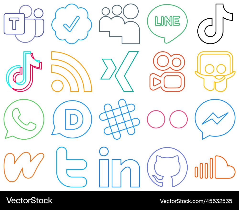 20 vibrant colourful outline social media icons Vector Image 20 vibrant colourful outline social media icons Vector Image