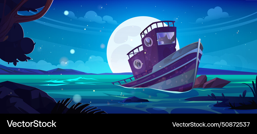 Cartoon ship wreck and sinking after crash Vector Image