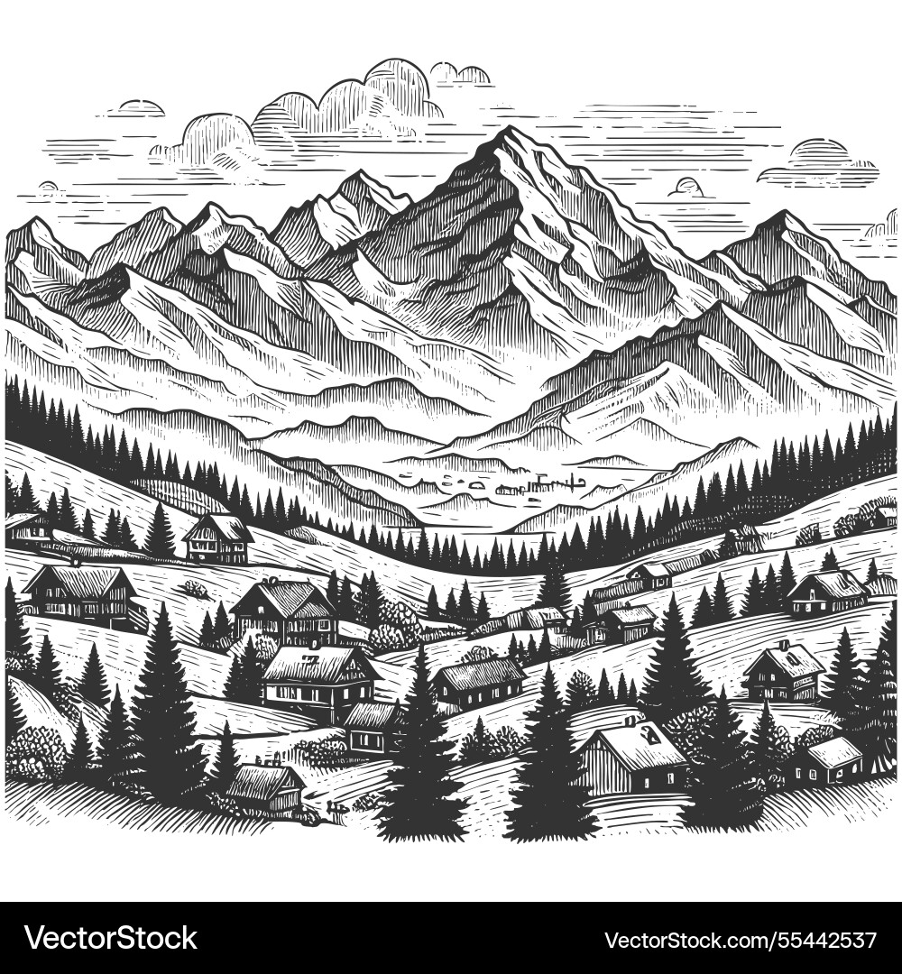 Mountain landscape with forest engraving Vector Image