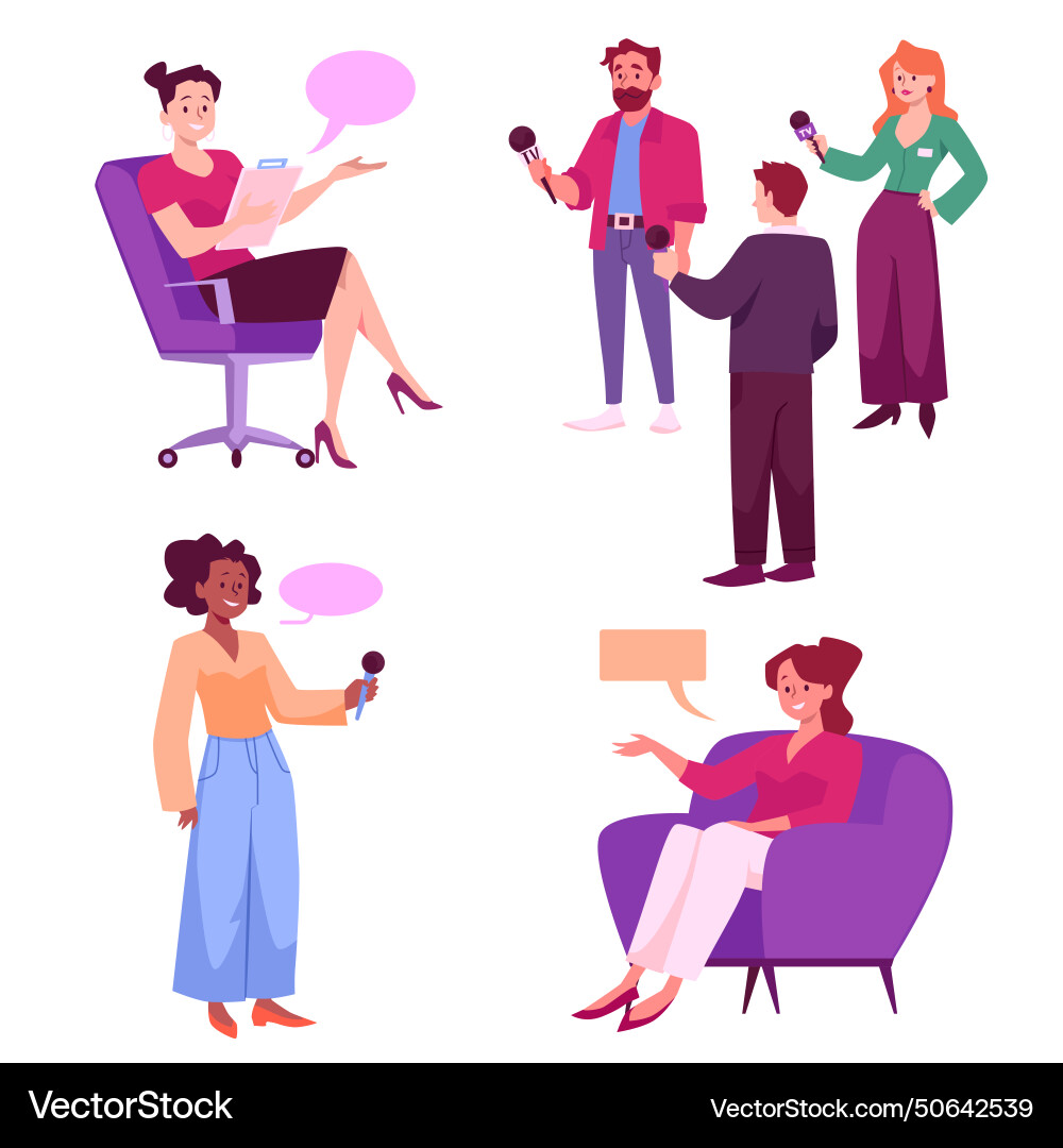 Journalists conducting interviews and reporting Vector Image
