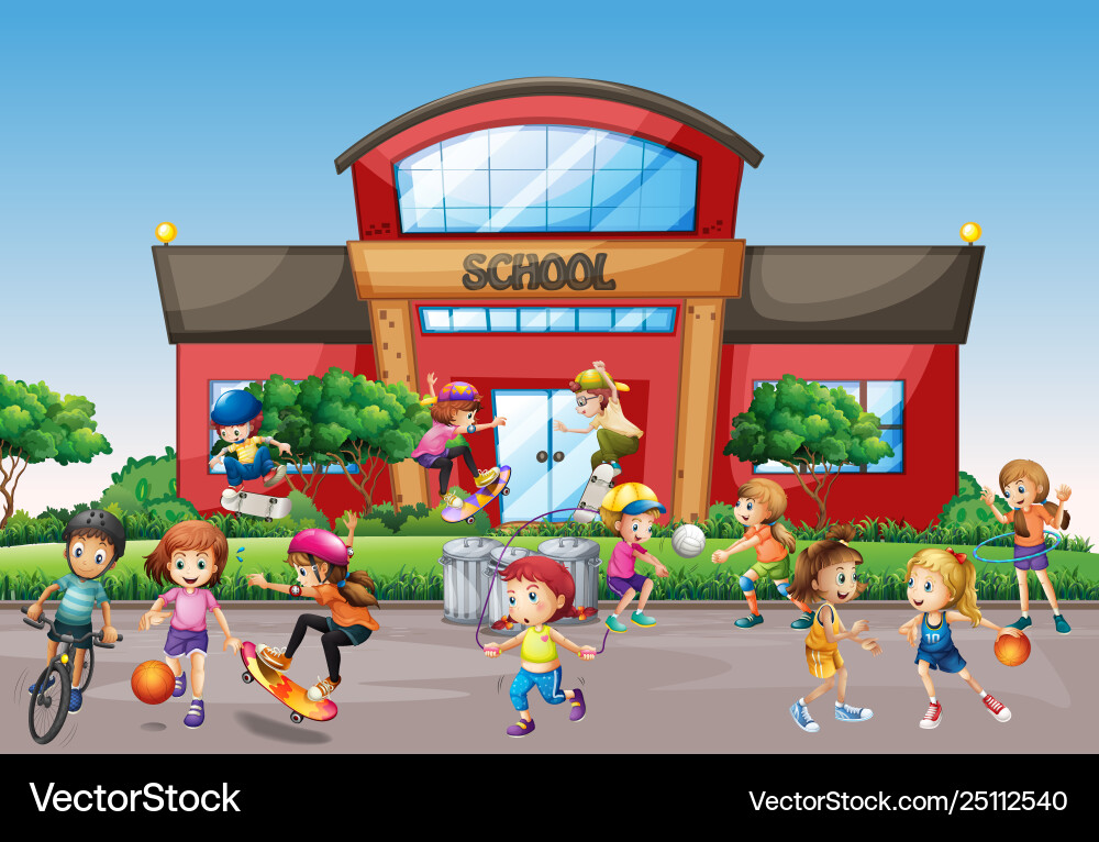 Kids outside front school Royalty Free Vector Image