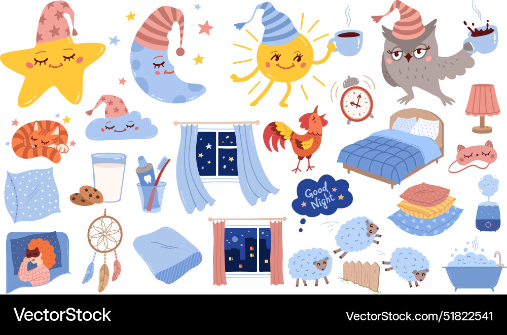 Bedtime sleeping hygiene set Royalty Free Vector Image