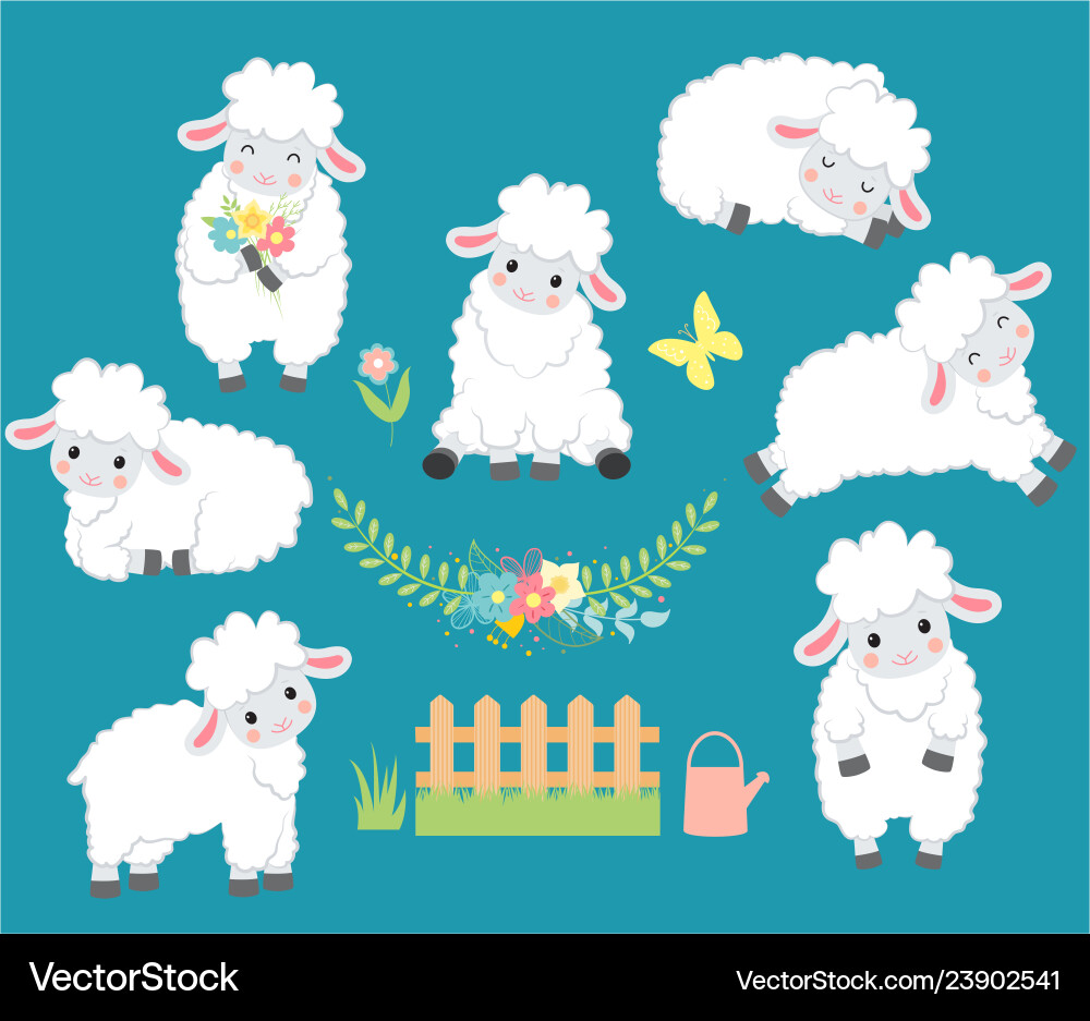 Set of cartoon smiling white sheeps Royalty Free Vector
