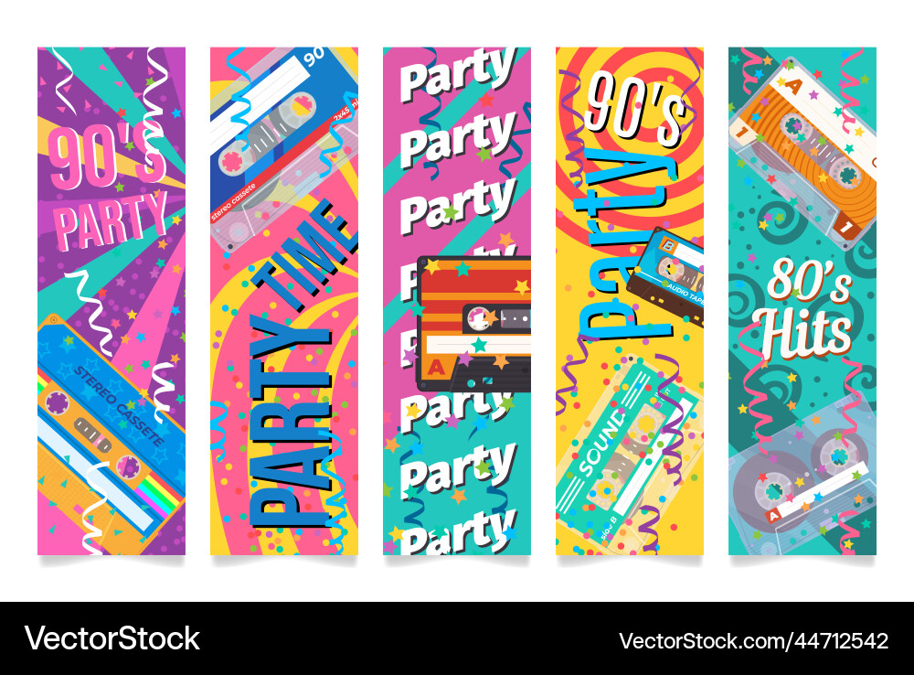 90s party time ad flyer vertical poster set Vector Image