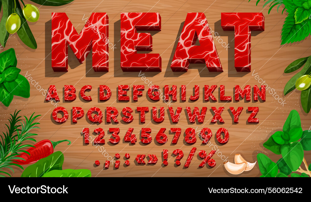 Beef steak meat font alphabet butcher type set Vector Image