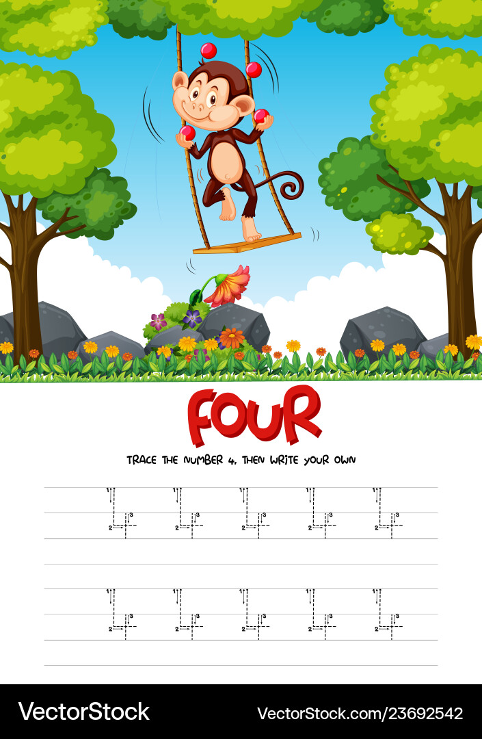 Number four tracing worksheets Royalty Free Vector Image