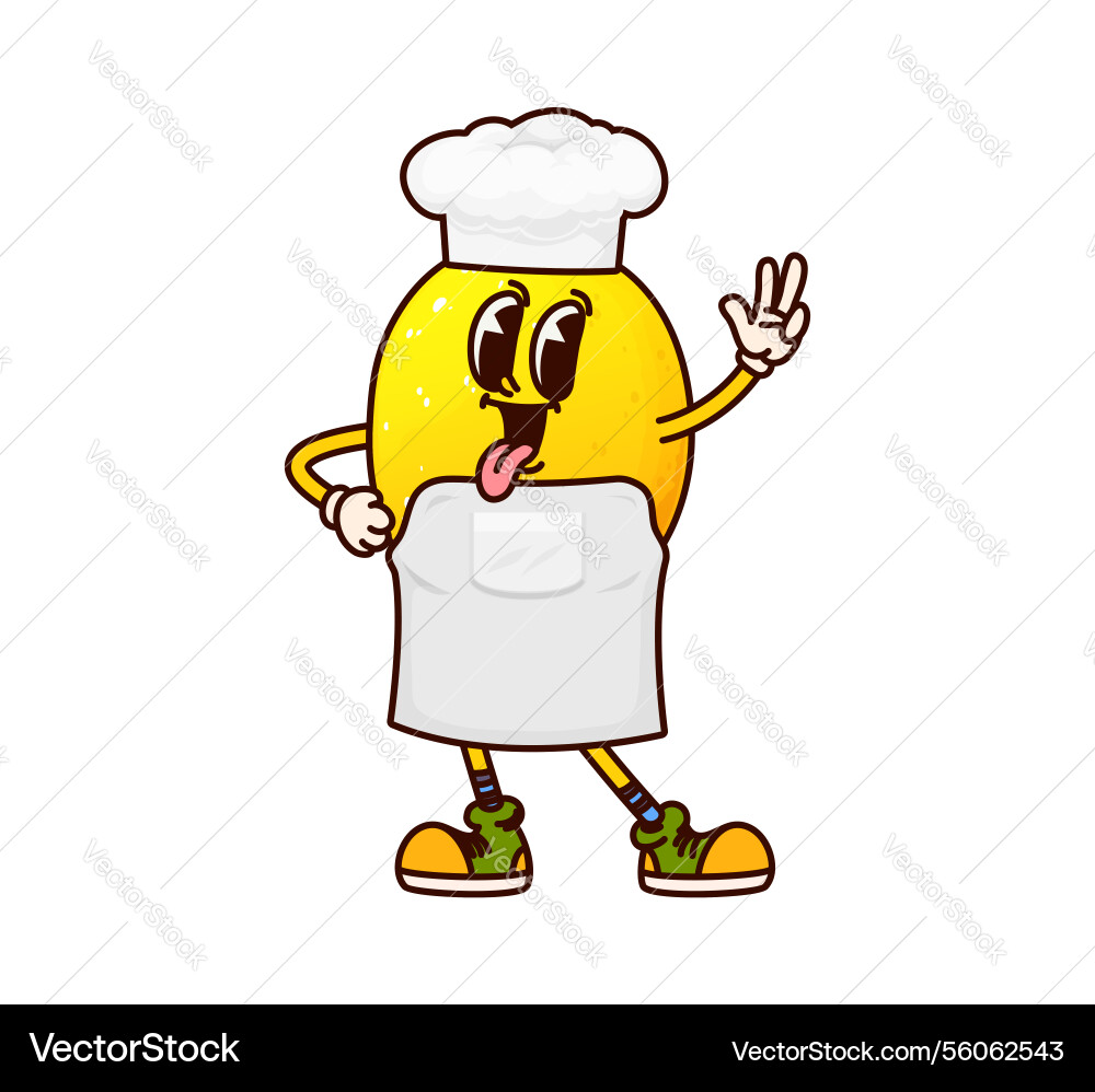 Cartoon groovy lemon fruit character in chef hat Vector Image