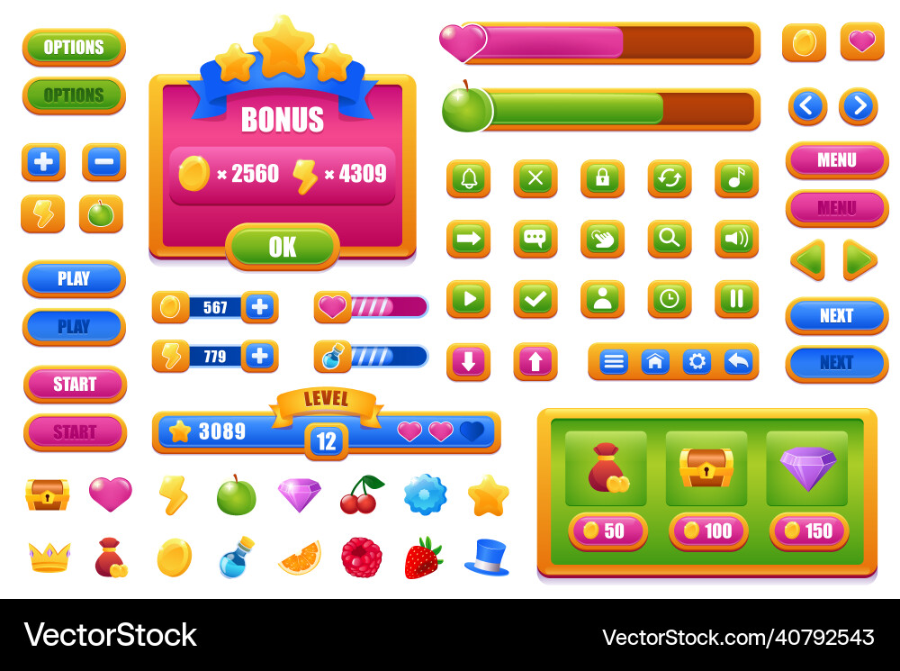 Colorful assets for game menu isolated set Vector Image