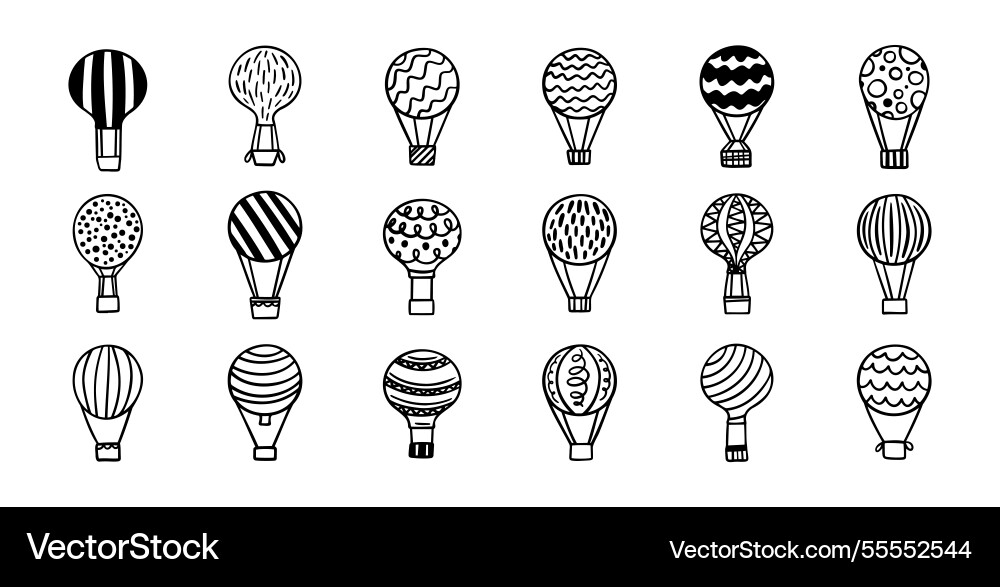 Hot air balloon doodle set hand drawn Royalty Free Vector