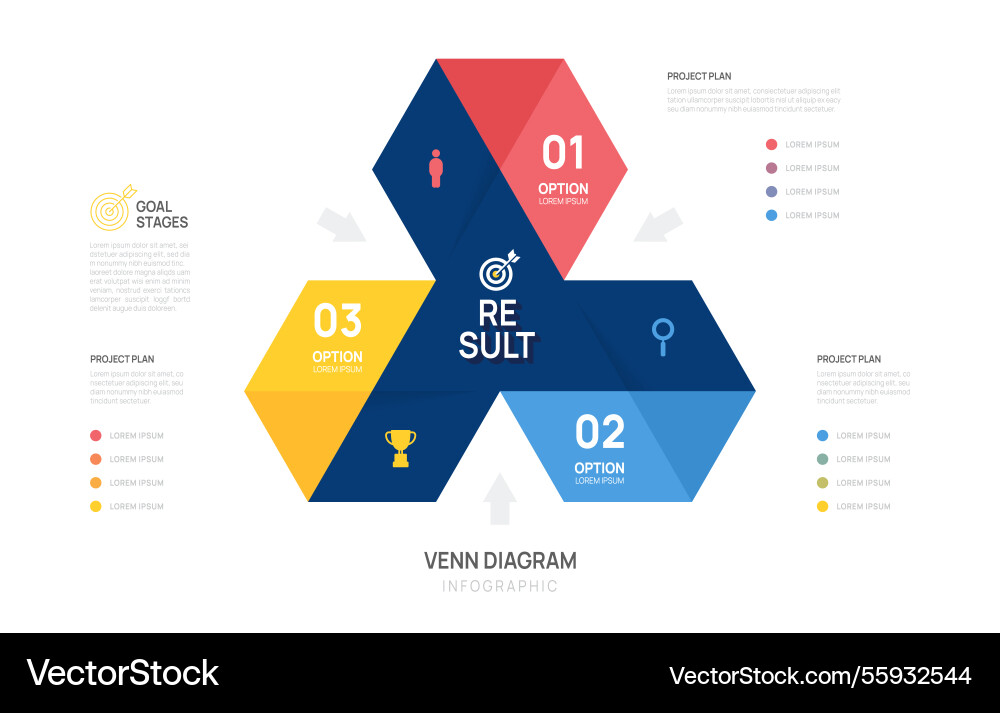 Venn diagram infographic 3 hexagon chart template Vector Image