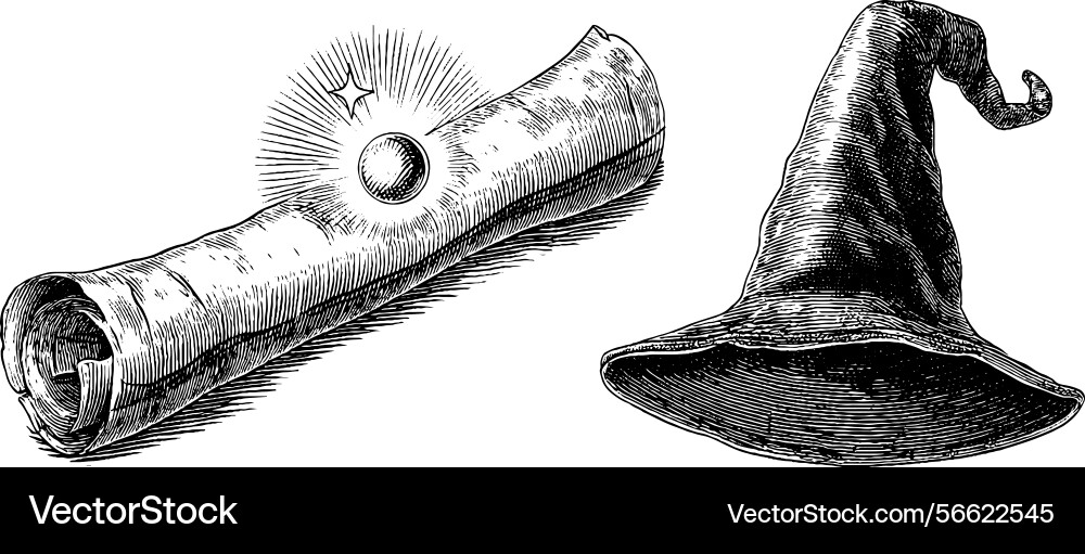 Engraved magic scroll and wizard hat Royalty Free Vector