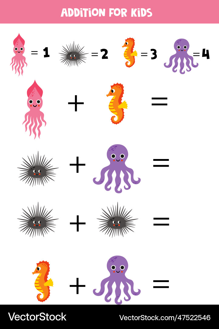 Addition game with different sea animals Vector Image