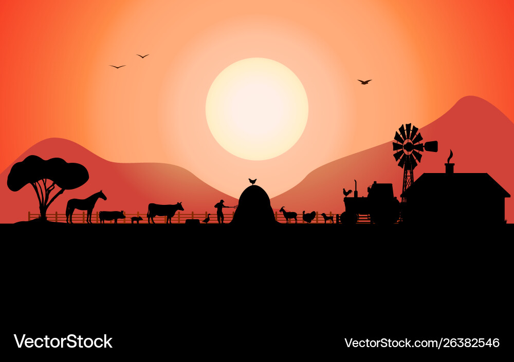 Farm silhouette with a ranch animals Royalty Free Vector