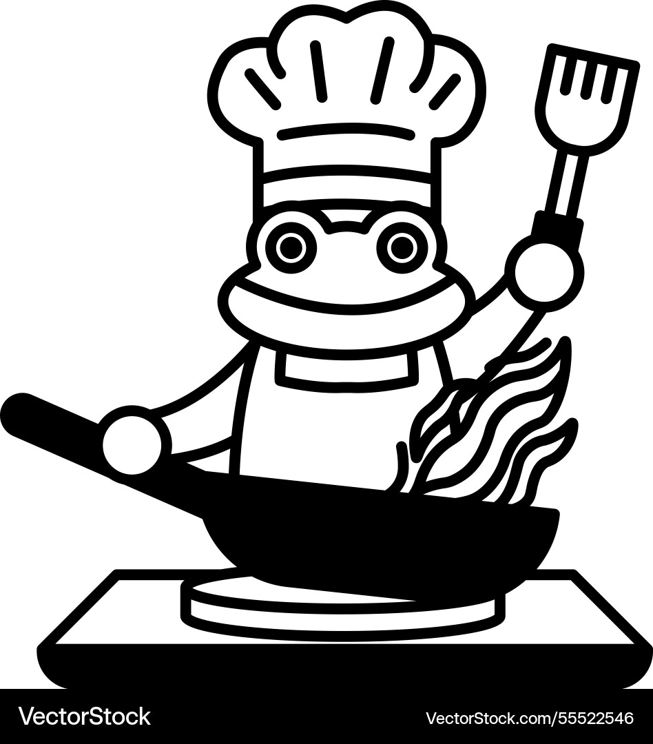 Frog chef is cooking food in a pan Royalty Free Vector Image