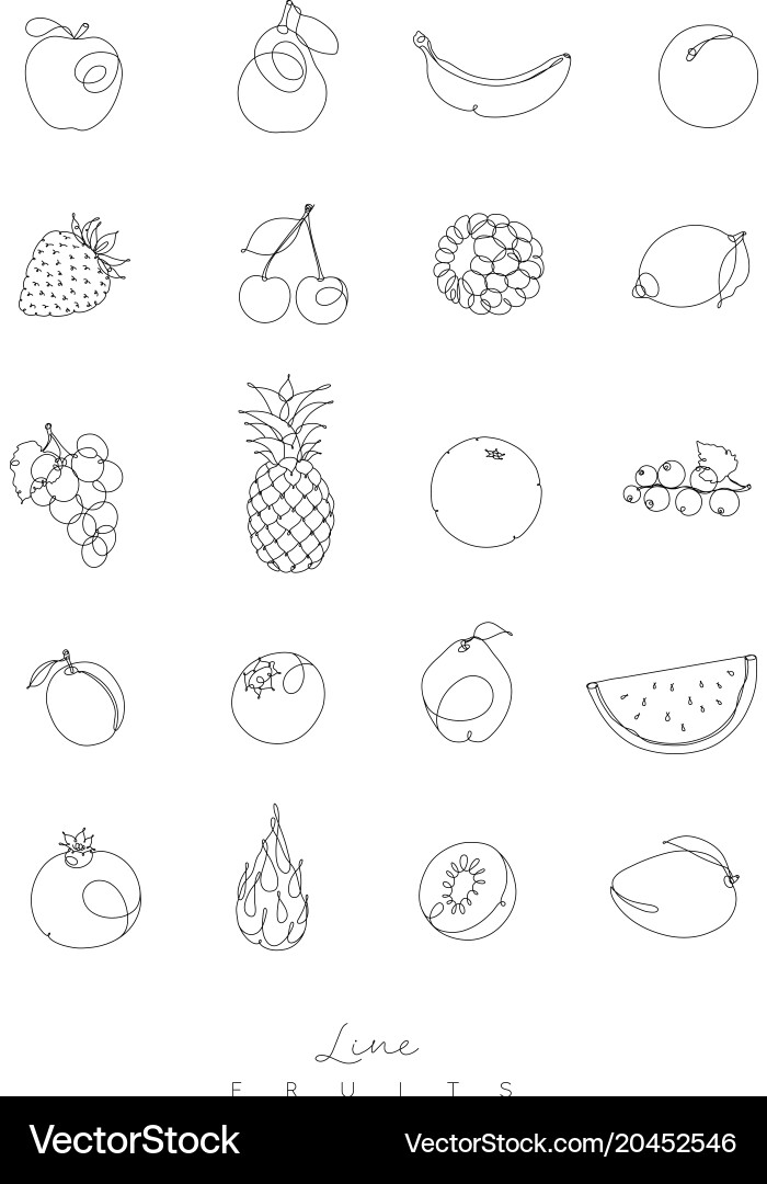 Pen line fruits icons Royalty Free Vector Image