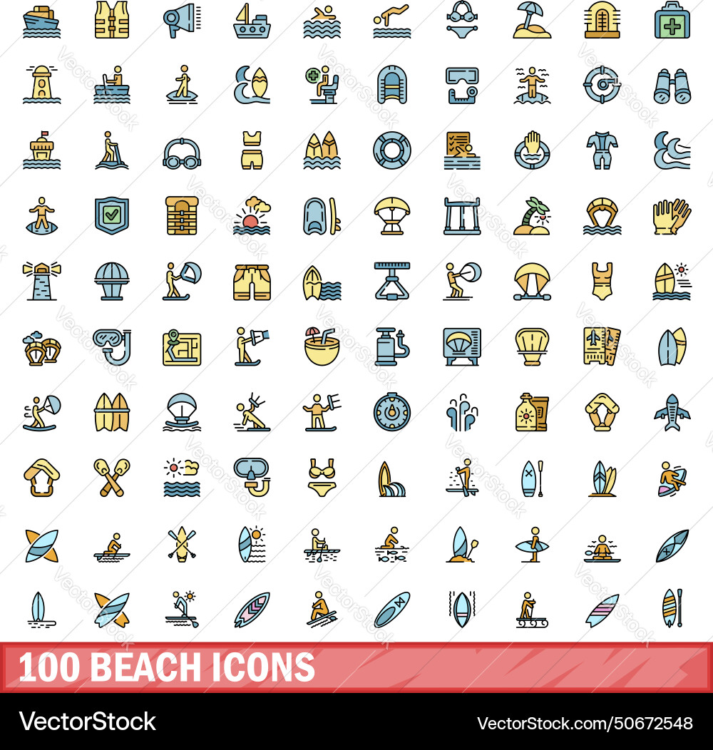 100 beach icons set color line style Royalty Free Vector